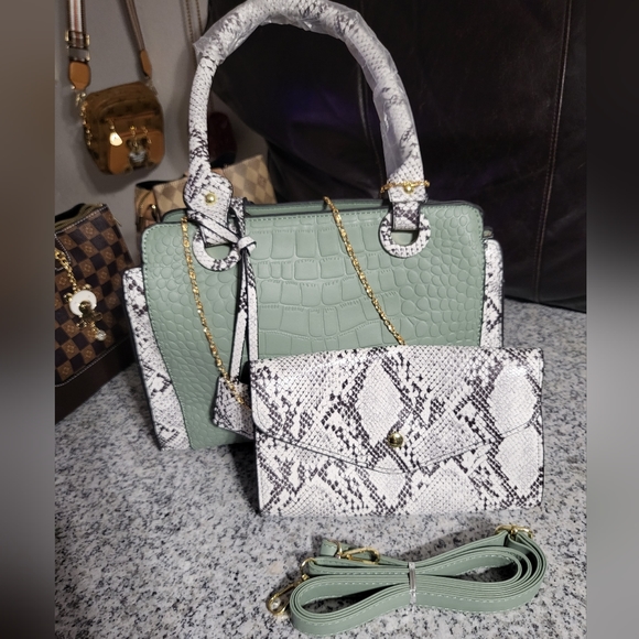 Bags | Snake Style Mint Green Purse With Chain Wallet Included | Poshmark